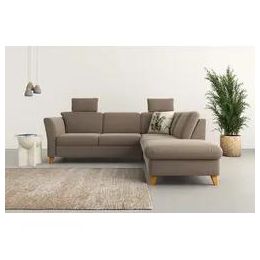 Ecksofa Home Affaire "Trelleborg L-Form" Sofas Gr. B/H/T: 252cm x 86cm x 213cm, Struktur fein, Ottomane rechts, ohne Bettfunktion-ohne Stauraum, beige (dunkelbeige) Federkern-Polsterung, wahlweise mit Bettfunktion und Stauraum