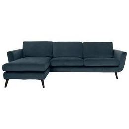 Ecksofa furninova "Smile mit tollem Sitzkomfort, elegant und bequem, L-Form" Sofas Gr. B/H/T: 274cm x 85cm x 156cm, Velours, Recamiere links, ohne Bettfunktion, blau (petrol) im skandinavischen Design, hoher Fuß