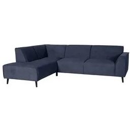 Ecksofa DOMO collection "Amora L-Form" Sofas Gr. B/H/T: 263cm x 81cm x 191cm, Chenille-Optik, Ottomane links, Mit Federkern, blau (dunkelblau) mit Federkern