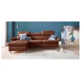 Ecksofa exxpo - SOFA FASHION "Maretto, bequem und komfortabel, L-Form" Sofas Gr. B/H/T: 257cm x 96cm x 167cm, Luxus-Microfaser, Recamiere links, mit Bettfunktion-mit Bettkasten, braun (cognac) inkl. Kopf- bzw. Rückenverstellung, wahlweise mit Bettfunktion