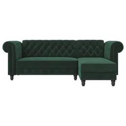 Ecksofa DOREL HOME "Felix, L-Form, 241 cm (Liegefl.108x195 cm), Recamiere tauschbar" Sofas Gr. B/H/T: 241cm x 83cm x 154cm, Veloursstoff, Recamiere beidseitig montierbar, grün (dunkelgrün) verstellb. Rückenlehne, Bett-Funktion, Velours, Kunstleder, Vintage