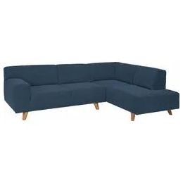 Ecksofa Tom Tailor HOME "NORDIC PURE" Sofas Gr. B/H/T: 249cm x 77cm x 181cm, Samtstoff STC, Ottomane rechts, blau (ink blue stc 6) mit Ottomane, im Retrolook, Füße Buche natur