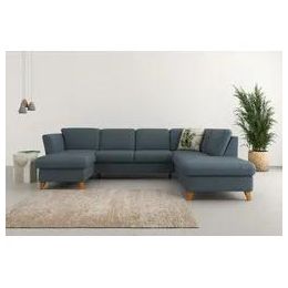 Wohnlandschaft Home Affaire "Trelleborg U-Form" Sofas Gr. B/H/T: 307 cm x 86 cm x 213 cm, Struktur, Ottomane rechts, mit Bettfunktion-mit Stauraum, blau (blaugrau) Federkern-Polsterung, wahlweise mit Bettfunktion und Stauraum