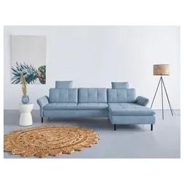 Ecksofa Inosign "Birkholm L-Form" Sofas Gr. B/H/T: 267cm x 83cm x 174cm, Olympia EASY CLEAN, Recamiere rechts, mit Armlehnfunktion, blau (hellblau) Armlehnverstellung, auch in Easy Clean Bezug - mit Wasser zu reinigen