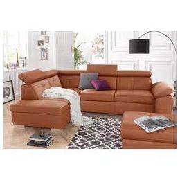 Ecksofa exxpo - SOFA FASHION "Spring, super bequem und komfortabel mit Armteil- und Kopfteilfunktion", braun (cognac), B:274cm H:81cm T:206cm, NaturLEDER (echtes Rindsleder) in Sitz und Rücken. Korpus in passendem Kunstleder SOFTLUX bezogen, Luxus-Microfaser (100% Polyester), Struktur ( 100% Polyester), Sofas, wahlweise mit Bettfunktion und Bettkasten, L-Form