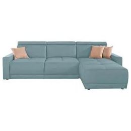 Ecksofa DOMO collection "Ava L-Form" Sofas Gr. B/H/T: 262cm x 84cm x 167cm, Struktur fein, Recamiere rechts, ohne Funktion, blau (aqua) mit Recamiere, Federkern wahlweise Kopfteilverstellungen