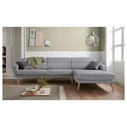 Ecksofa Andas "Bille L-Form" Sofas Gr. B/H/T: 302cm x 86cm x 178cm, Struktur fein, Recamiere rechts, grau (hellgrau) mit Naht im Rückenkissen und Beinen aus Eichenholz