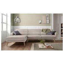 Ecksofa Andas "Bille L-Form" Sofas Gr. B/H/T: 302cm x 86cm x 178cm, Struktur fein, Recamiere links, beige (creme) mit Naht im Rückenkissen und Beinen aus Eichenholz