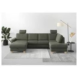 Wohnlandschaft Home Affaire "Summer U-Form" Sofas Gr. B/H/T: 314 cm x 91 cm x 170 cm, Feincord, Recamiere links, mit Bettfunktion-mit Bettkasten-mit Federkern, grün (olive) mit oder ohne Bettfunktion und Bettkasten, Cord-Bezug