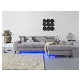 Ecksofa COTTA "Mia L-Form" Sofas Gr. B/H/T: 236cm x 74cm x 164cm, Microfaser, Recamiere rechts, Ohne Bettfunktion-ohne Bettkasten-mit RGB-LED-Beleuchtung-mit Wireless Charger, grau (stone) 3-tlg.-Kissen-Set, Recamiere, wahlweise mit oder ohne RGB-Beleuchtung