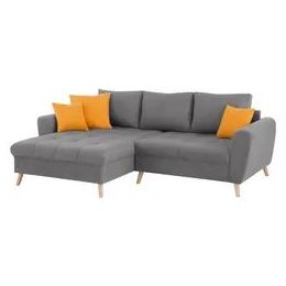 Ecksofa Home Affaire "Fanö2 L-Form" Sofas Gr. B/H/T: 246 cm x 90 cm x 170 cm, Microfaser PRIMABELLE, Recamiere links, grau (hellgrau) mit feiner Steppung und vielen losen Kissen