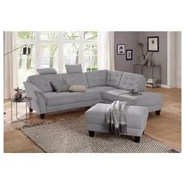 Ecksofa Home Affaire "Trondheim L-Form" Sofas Gr. B/H/T: 260cm x 89cm x 214cm, Struktur fein, Ottomane rechts, mit Vorziehfunktion-mit Stauraum, grau mit Federkern und Knopfheftung im Rücken, Füße Buche dunkel