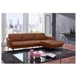 Ecksofa W.Schillig "softy" Sofas Gr. B/H/T: 265cm x 79cm x 168cm, Chenille-Flachgewebe R66, Recamiere rechts, braun (copper r66) mit dekorativer Heftung im Sitz, Füße schwarz pulverbeschichtet