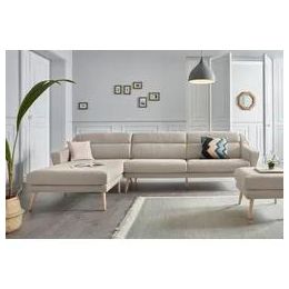 Ecksofa Andas "Bille L-Form" Sofas Gr. B/H/T: 302cm x 86cm x 178cm, Struktur, Recamiere links, beige (creme) mit Naht im Rückenkissen und Beinen aus Eichenholz