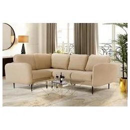 Ecksofa LEONIQUE "Skidi L-Form" Sofas Gr. B/H/T: 228cm x 81cm x 166cm, Samtoptik, langer Schenkel rechts, beige mit losen Rückenkissen und Keder oben auf der Armlehne