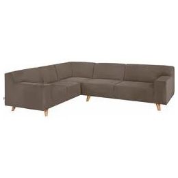 Ecksofa Tom Tailor HOME "NORDIC PURE" Sofas Gr. B/H/T: 269cm x 77cm x 226cm, Samtstoff STC, langer Schenkel rechts, braun (wood stc 4) im Retrolook, Füße Buche natur