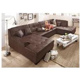 Wohnlandschaft Home Affaire "Bergen U-Form" Sofas Gr. B/H/T: 364 cm x 83 cm x 106 cm, Microfaser MELROSE, Ottomane rechts, ohne Bettfunktion, braun (dunkelbraun) wahlweise mit Bettfunktion