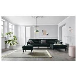 Ecksofa Andas "Bille L-Form" Sofas Gr. B/H/T: 302cm x 86cm x 178cm, Samtoptik, Recamiere rechts, grün mit Naht im Rückenkissen und Beinen aus Eichenholz