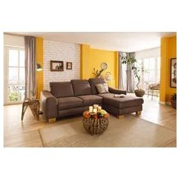 Ecksofa Home Affaire "Dundee L-Form" Sofas Gr. B/H/T: 264 cm x 86 cm x 170 cm, Luxus-Microfaser in Lederoptik, Recamiere rechts, ohne Kopfteilverstellung-ohne Bettfunktion-ohne Bettkasten-ohne relax Funktion, braun (schokobraun) wahlweise mit Kopfteilverstellung und zusätzlich Bettfunktion