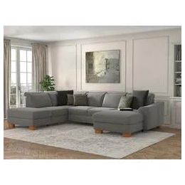 Sit & More Wohnlandschaft SIT & MORE "Dundee U-Form" Sofas Gr. B/H/T: 338 cm x 86 cm x 219 cm, Struktur, Ottomane links, ohne Kopfteilverstellung-ohne Bettfunktion-ohne Stauraum, grau mit Federkern und Massivholzfüßen, wahlweise Kopfteilverstellung