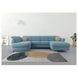 Sit & More Wohnlandschaft SIT&MORE "Apulia U-Form" Sofas Gr. B/H/T: 304 cm x 78 cm x 192 cm, Struktur weich, Ottomane links, ohne Bettfunktion-ohne Bettkasten-mit Armteilverstellung-mit Kopfteilverstellung, blau (hellblau) wahlweise Bettfunktion, Bettkasten und Kopf- Armteilverstellung