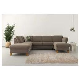 Wohnlandschaft Home Affaire "Trelleborg U-Form" Sofas Gr. B/H/T: 307cm x 86cm x 213cm, Struktur fein, Ottomane links, mit Bettfunktion-mit Stauraum, beige (dunkelbeige) Federkern-Polsterung, wahlweise mit Bettfunktion und Stauraum