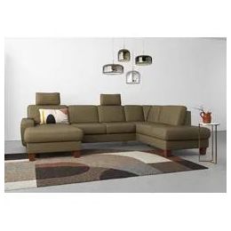 Wohnlandschaft Home Affaire "Vision U-Form" Sofas Gr. B/H/T: 315cm x 90cm x 215cm, Luxus-Microfaser Lederoptik, Ottomane rechts, ohne Bettfunktion-ohne Stauraum, grün (olive) wahlweise mit Bettfunktion und Stauraum, auch in Easy Care-Bezug