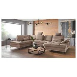 Wohnlandschaft Places of Style "Costello U-Form" Sofas Gr. B/H/T: 363 cm x 89 cm x 223 cm, Struktur fein, Recamiere rechts, ohne Bettfunktion-ohne Stauraum, braun (hellbraun) incl. Sitztiefenverstellung und Armlehnfunktion, 3 Nierenkissen