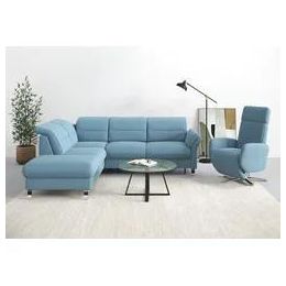 Sit & More Ecksofa SIT & MORE "Grenoble L-Form mit Federkern" Sofas Gr. B/H/T: 247cm x 85cm x 222cm, Struktur weich, Ottomane links, mit Bettfunktion-mit Stauraum-mit Armteilverstellung-mit Kopfteilverstellung, blau (hellblau) wahlweise mit Bettfunktion, Bettkasten, Arm- und Kopfteilverstellung