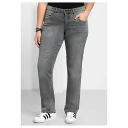 Stretch-Jeans sheego "Große Größen" Gr. 108, Langgrößen, blau (grey denim) Damen Jeans »Die Gerade« mit Used-Effekten