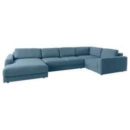 Wohnlandschaft Places of Style "Bloomfield, U-Form" Sofas Gr. B/H/T: 405cm x 84cm x 224cm, Struktur grob, mega-Recamiere links, XXL ohne Sitztiefenverstellung, blau (tepestry) mit extra tiefer Sitzfläche, wahlweise Sitztiefenverstellung