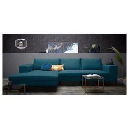 Ecksofa Inosign "Aurora, L-Form, mit extra breiter Recamiere, 324 x 170 cm (BxT)" Sofas Gr. B/H/T: 324cm x 83cm x 170cm, Struktur MALMÖ, Recamiere links, ohne Funktion, blau (petrol) Designsofa mit tollem Sitzkomfort, extra hohe Metallfüße schwarz