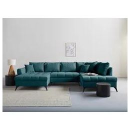 Wohnlandschaft Inosign "Lörby U-Form" Sofas Gr. B/H/T: 339 cm x 90 cm x 190 cm, Aqua Clean Pascha, Ottomane rechts, Aqua Clean Pascha, blau (petrol) auch mit Aqua clean-Bezug, feine Steppung im Sitzbereich, lose Kissen