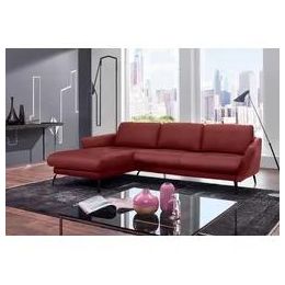 Ecksofa W.Schillig "softy" Sofas Gr. B/H/T: 265cm x 79cm x 168cm, Chenille-Flachgewebe R66, Recamiere links, rot (rot r66) mit dekorativer Heftung im Sitz, Füße schwarz pulverbeschichtet