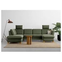 Wohnlandschaft Home Affaire "Trelleborg U-Form" Sofas Gr. B/H/T: 307 cm x 86 cm x 213 cm, Feincord, Ottomane links, mit Bettfunktion-mit Stauraum, grün (olive) wahlweise mit Bettfunktion und Bettkasten, inkl. Federkern-Polsterung