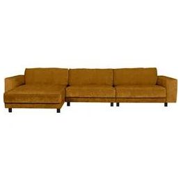 Ecksofa furninova "Samba schön bequem und hochwertig verarbeitet" Sofas Gr. B/H/T: 353cm x 74cm x 163cm, Velours, Recamiere links, ohne Bettfunktion, gelb (mustard) mit toller Kedernaht, im skandinavischen Design, L-Form