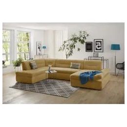 Wohnlandschaft Inosign "Avesa U-Form" Sofas Gr. B/H/T: 355 cm x 80 cm x 216 cm, Struktur weich, Longchair rechts, ohne Armteilverstellung-ohne Schlaffunktion, gelb (senf) Wahlweise mit Armteilverstellung und Bettfunktion, BTH: 35521680cm