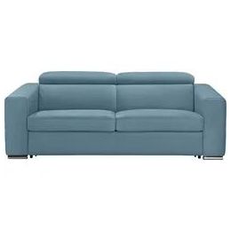 Schlafsofa Egoitaliano "Cabiria, Design und super Sitz- Liegekomfort" Sofas Gr. B/H/T: 226 cm x 97 cm x 103 cm, Luxus-Microfaser Lederoptik, blau (hellblau) Sofa inkl. Schlaffunktion, Kopfteile verstellbar, mit Metallfüßen