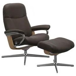 Relaxsessel stressless "Garda", braun (braun batick), B:82cm H:102cm T:72cm, Leder BATICK: BATICK ist ein leicht korrigiertes, durchgefärbtes und genarbtes Möbelleder, bei dem die meisten Unebenheiten und Spuren in der Regel entfernt wurden., Sessel, mit Cross Base, Größe M & L, Holzakzent Eiche