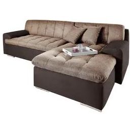 Ecksofa Trendmanufaktur "Rave, aufwendige Sitz und Rückenpolsterung, bequem,, L-Form" Sofas Gr. B/H/T: 245cm x 77cm x 90cm, Kunstleder SOFTLUX-Struktur, Recamiere rechts, ohne Bettfunktion, braun (braun, sand) wahlweise mit Bettfunktion