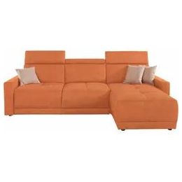 Ecksofa DOMO collection "Ava L-Form" Sofas Gr. B/H/T: 262cm x 84cm x 167cm, Microfaser PRIMABELLE, Recamiere rechts, mit Kopfteilverstellung, orange (terrakotta) mit Recamiere, Federkern wahlweise Kopfteilverstellungen