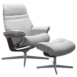 Relaxsessel stressless "Sunrise" Sessel Gr. ROHLEDER Stoff Q2 FARON, Cross Base Braun, Relaxfunktion-Drehfunktion-PlusTMSystem-Gleitsystem-BalanceAdaptTM, B/H/T: 83cm x 105cm x 74cm, grau (light grey q2 faron) mit Hocker, Cross Base, Größe S, M & L, Holzakzent Braun