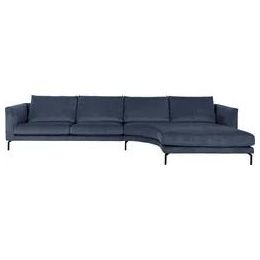 Ecksofa furninova "Designpolsterecke mit erstklassigem Sitzkomfort" Sofas Gr. B/H/T: 371cm x 80cm x 177cm, Velours, Recamiere rechts, ohne Bettfunktion, blau (ocean) mit abgerundetem Longchair, im skandinavischen Design