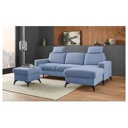 Ecksofa Places of Style "Lolland L-Form" Sofas Gr. B/H/T: 250cm x 88cm x 162cm, Struktur imprägniert, Recamiere rechts, mit Bettfunktion und Bettkasten, blau (blaugrau) Wahlweise mit Bettfunktion und Bettkasten, Federkern