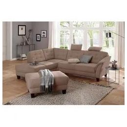 Ecksofa Home Affaire "Trondheim L-Form" Sofas Gr. B/H/T: 260cm x 89cm x 214cm, Struktur fein, Ottomane links, ohne Vorziehfunktion-ohne Stauraum, beige (dunkelbeige) mit Federkern und Knopfheftung im Rücken, Füße Buche dunkel