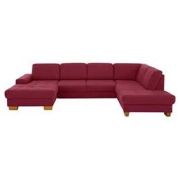 Wohnlandschaft Home Affaire "Puccini U-Form" Sofas Gr. B/H/T: 340cm x 86cm x 224cm, Luxus-Microfaser, Ottomane rechts, ohne Bettfunktion-ohne Stauraum, rot (bordeaux) mit Federkern, Sitztiefenverstellung, Kontrastnaht