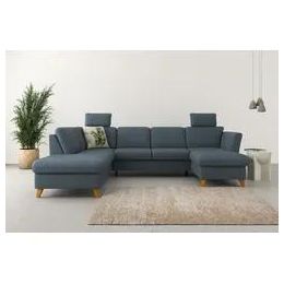 Wohnlandschaft Home Affaire "Trelleborg U-Form" Sofas Gr. B/H/T: 307 cm x 86 cm x 213 cm, Struktur, Ottomane links, mit Bettfunktion-mit Stauraum, blau (blaugrau) Federkern-Polsterung, wahlweise mit Bettfunktion und Stauraum