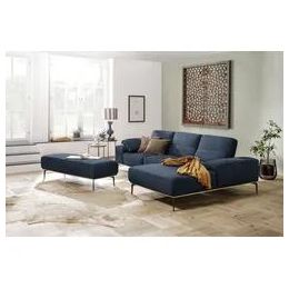 Ecksofa W.Schillig "run" Sofas Gr. B/H/T: 299cm x 88cm x 178cm, ROHLEDER Jacquard-Flachgewebe Q2 W60, Recamiere rechts, mit Sitztiefenverstellung, blau (jeans w60) mit Holzsockel, Füße in Bronze pulverbeschichtet, Breite 299 cm