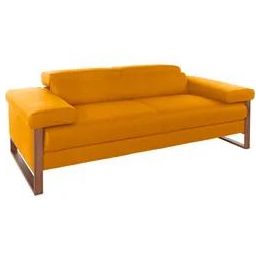 2-Sitzer W.Schillig "finn" Sofas Gr. B/H/T: 210cm x 71cm x 106cm, Stoff S37, mit Kopfteilverstellung-mit motorischer Sitztiefenverstellung, gelb (brandy s37) German Design Award 2016, Fußgestell Nussbaum natur, Breite 210 cm