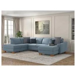 Sit & More Wohnlandschaft SIT&MORE "Dundee U-Form" Sofas Gr. B/H/T: 338 cm x 86 cm x 219 cm, Struktur weich, Ottomane links, ohne Kopfteilverstellung-ohne Bettfunktion-ohne Stauraum, blau (hellblau) mit Federkern und Massivholzfüßen, wahlweise Kopfteilverstellung